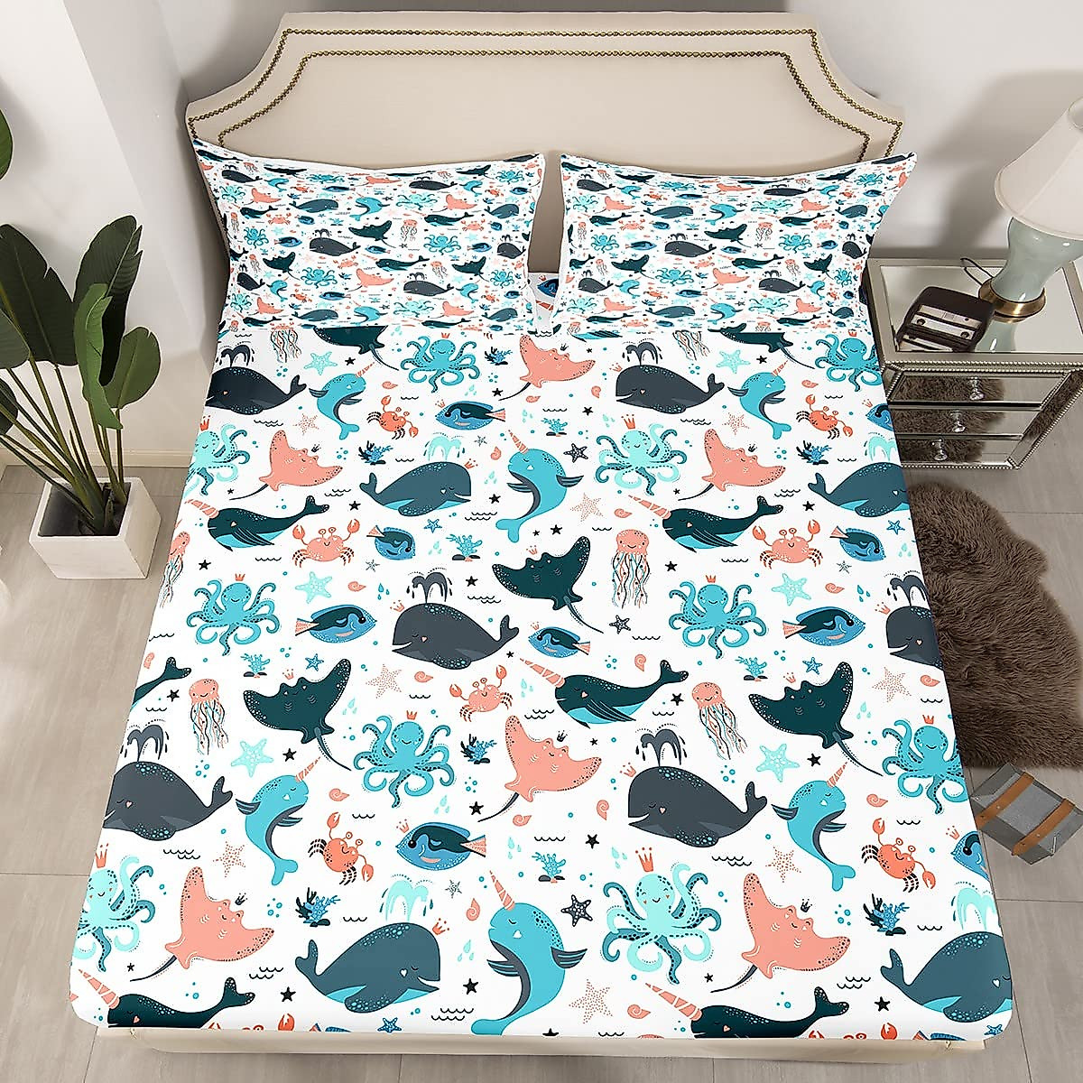 Cute Whale Bed Sheets Full Size, Kids Kawaii Cartoon Octopus Sheet Set, Jellyfish Shell Starfish Crab Fitted Sheet For Little Boys Girls, Ocean Beach Sea Animals Bedding Set With Kawaii Flat Sheet