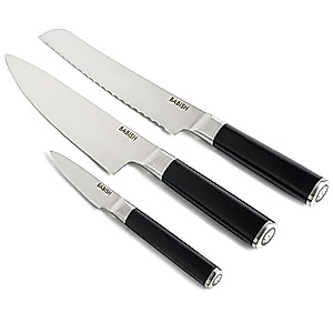 Babish German High-Carbon 1.4116 Steel Cutlery, 3-Piece (Chef Knife, Bread Knife, & Pairing Knife) w/Kitchen Knife Roll