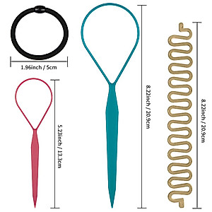 TsMADDTs Hair Braiding Tools Set, 8PCS Topsy Tail Tools, 8PCS French Centipede Braiders for French Twist Plait Ponytail, 10PCS Black Hair Ties Bulk