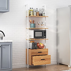 SogesHome Industrial Wall-Mounted Ladder Shelf with Cabinet, 4-Tier Bookshelf with Metal Frame, Storage Display Shelf with 2 Drawers for Living Room, Office, Bedroom, Bathroom, Kitchen