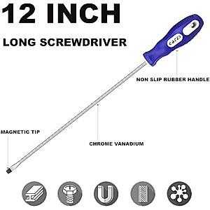 Slotted and Phillips Screwdriver, PH2 12" Long Cross-head Screwdriver & Flat Blade Screwdriver, 2 Packs Magnetic Screwdriver with Rubber Handle
