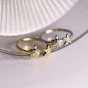 NewZenro CZ Star Cute Turtle Asymmetric Small Open Rings for Women Dainty 925 Sterling Silver Animals Adjustable Statement Knuckle Rings Thin Tiny Finger Pinky Rings for Daughter Bff Birthday (Gold)