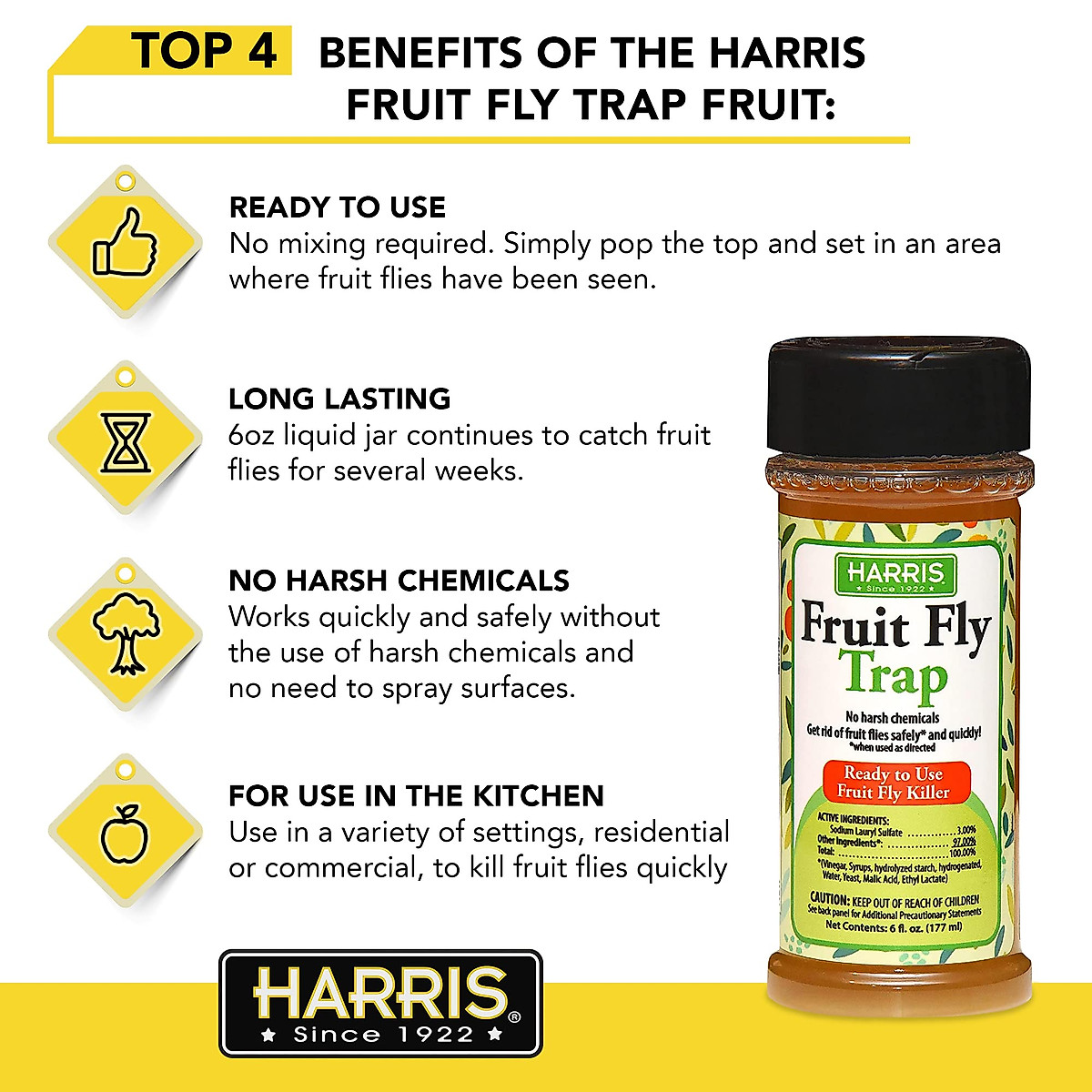 Harris Fruit Fly Trap, Fruit Fly Killer for Indoors, 6oz (2-Pack)