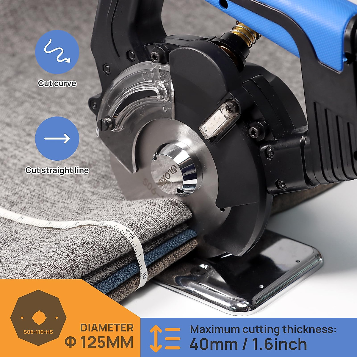 VLOXO Electric Fabric Rotary Cutter, Cloth Cutting Machine 6 Speed Adjustable Fabric Cutter with LED Light Electric Scissors for Cloth Textiles Paper Leather Rubber, and Carpet (Blade 125mm)