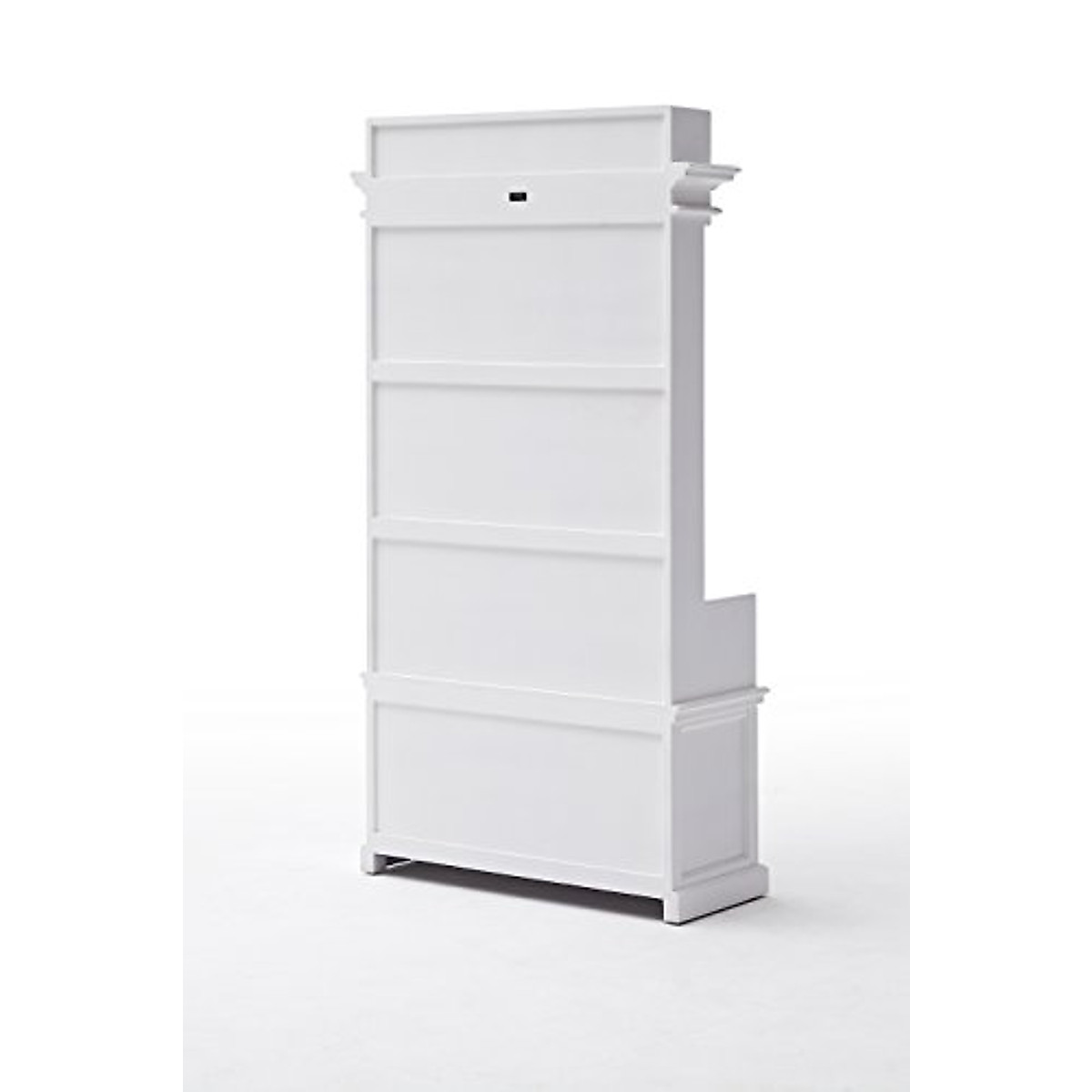 NovaSolo Halifax Pure White Mahogany Wood Entryway Coat Rack With 5 Hooks, Cushion, Top Storage And 2 Rattan Baskets