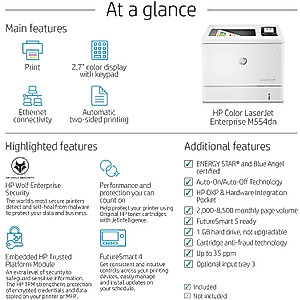 HP Laserjet Enterprise M554dn Print only Wired Color Laser Printer for Home Office, 2.7" Touchscreen, 600 x 600 dpi, 35 ppm, Automatic Duplex Printing, Ethernet, White, Cbmou Printer Cable