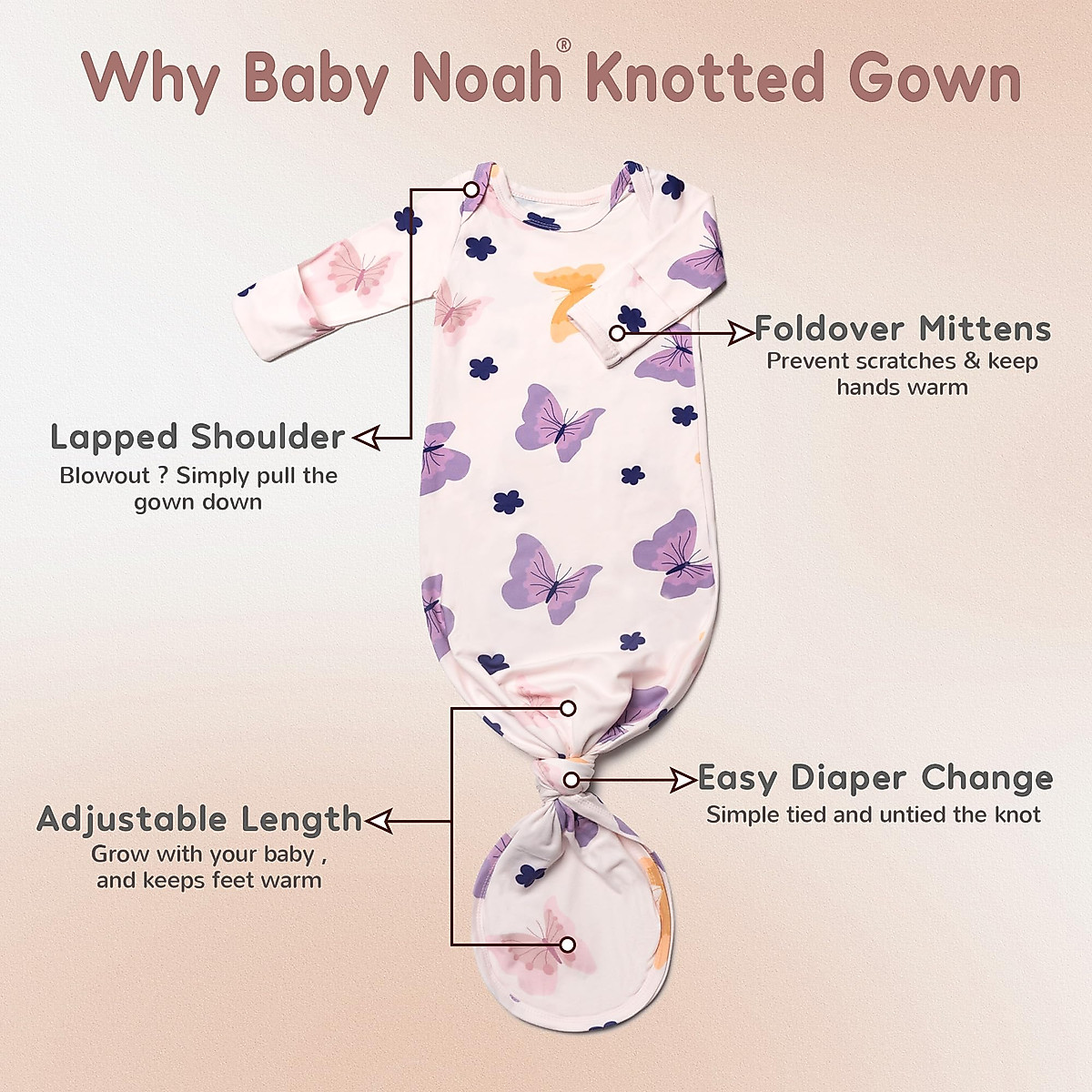 Newborn Baby Knotted Gown for Girls, Newborn Hospital Outfit with Mitten Cuffs, Super Soft Silky Infant Long Sleeve Gown with Tie Bottom