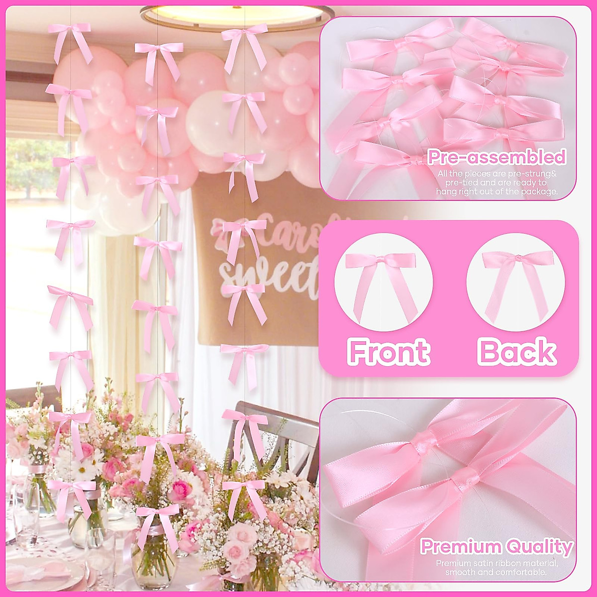 Pink Satin Ribbon Bow Hanging Garland, Bow Party Hanging Decortions, Girls Bow Birthday Baby Shower Decorations, Coquette Birthday Decorations, Tying The Knot Bridal Shower Bachelorette Party Decor