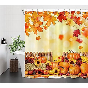 MEUNEAR Farmhouse Fall Shower Curtain and Bath Mat, Orange Pumpkin Sunflower and Maple Leaf Shower Curtain with Bathroom Rugs, 72X72 inches Autumn Thanksgiving Shower Curtains Set