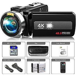 Rawiemy Camcorders Video Camera 4K 48MP Video Recorder Camera with IR Night Vision Vlogging Camera for YouTube Kids Camcorder with 3" Touch Screen,Remote,2 Batteries and 32G SD Card