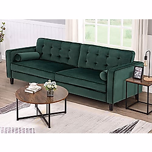 Esright 84.2" Velvet Couch Sofa with 2 Bolster Pillows,Green Office Sofa Mid-Century Couch for Living Room 3 Seats Couch for Apartment