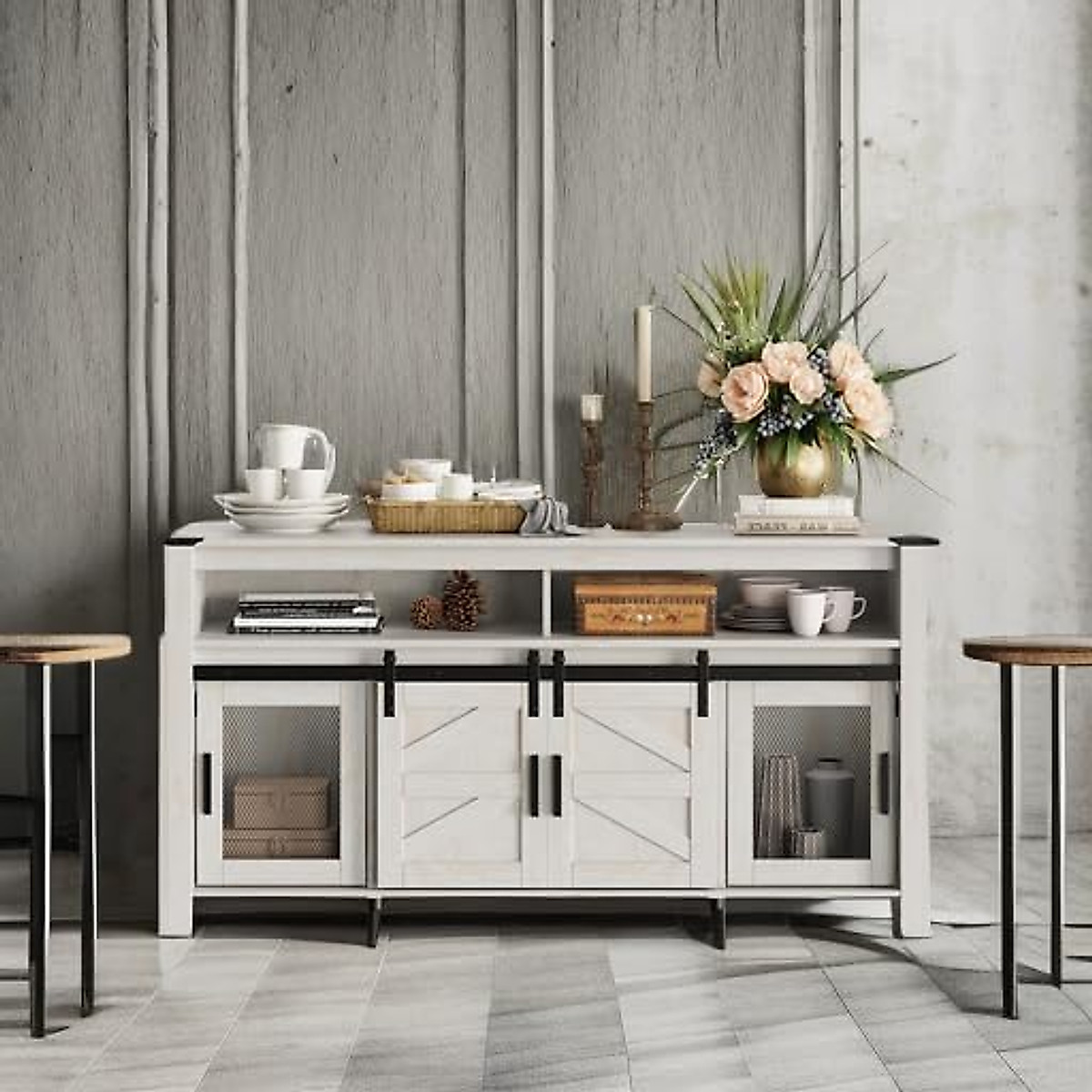 WAMPAT Farmhouse Buffet Cabinet, Rustic Sideboard with Sliding Barn Doors, 59" Coffee Bar Storage Cabinet with Mesh Doors, Antique White Cupboard Table for Kitchen, Dining Room, Living Room