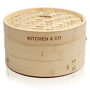 KITCHEN & CO 10-inch Dumpling Bamboo Steamer- Complete Set of 2 Tier Bamboo Steamer Basket 2 Chopsticks, 1 Rolling Pin, Ceramic Dish & More-Bringing Tradition to Your Table, One Steamed Dish at a Time