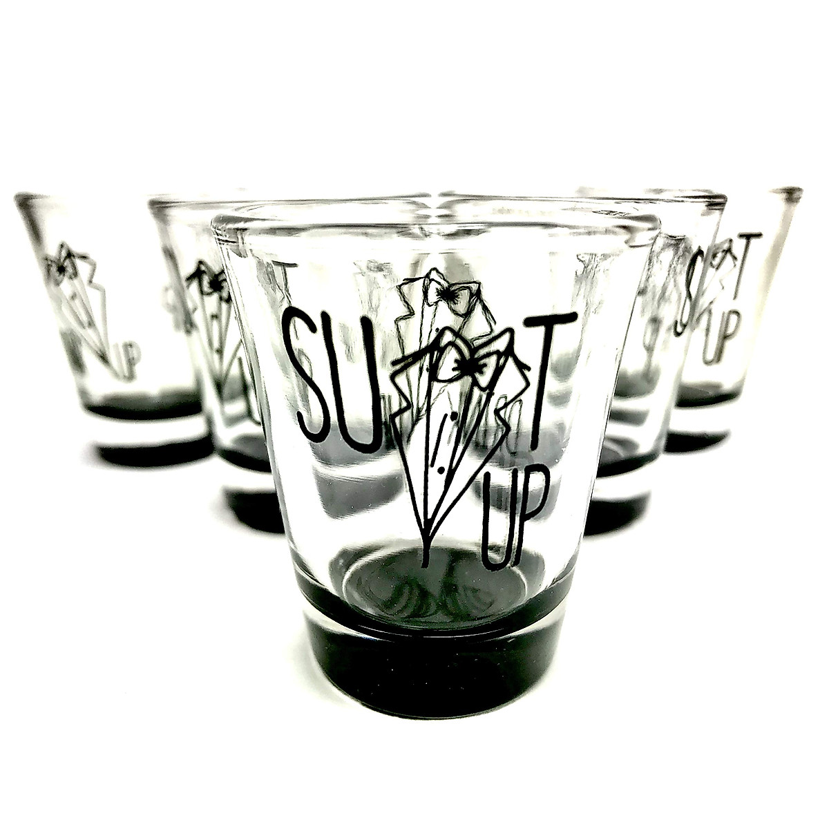 5 Groomsmen Shot Glasses (1.75 oz) & 5 Team Groom Proposal Cards as a Bachelor Party Gift Idea With Suit Up & Drink Up Text & Graphics.