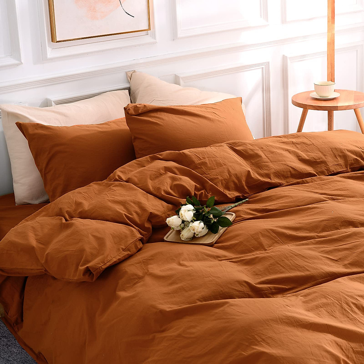 NEXHOME PRO Terracotta Burnt Orange Duvet Cover Set Queen Size Linen Textured Organic Natural 100% Washed Cotton Duvet Cover Caramel 3 Pieces Bedding Set with Zipper Closure Soft (No Comforter)