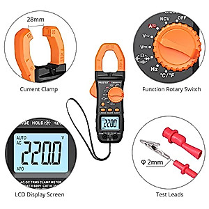 Proster Digital Clamp Meter TRMS 6000counts, 800A DC AC Current AC/DC Voltage NCV Continuity Capacitance Resistance Frequency Diode Hz Test, with1 PairTest Leads 1 Pair Alligator Clips