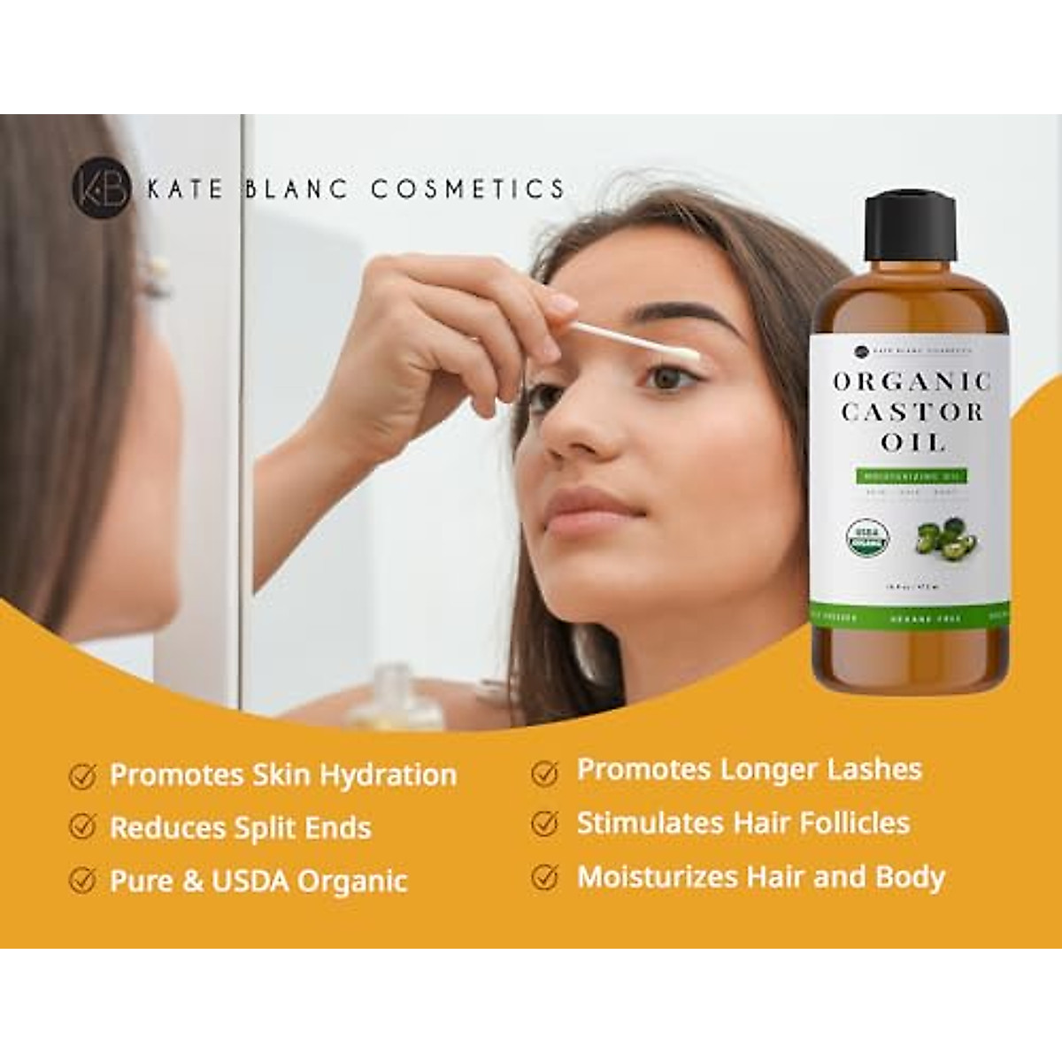 Kate Blanc Cosmetics Castor Oil 16oz - USDA Certified Organic. Cold-Pressed, 100% Pure, Hexane-Free. Promote Growth for Hair, Eyelashes, Eyebrows. Moisturizing For Dry Skin