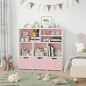 GarveeHome Toy Storage Organizer Kids Bookcase with 3 Movable Drawers Toy Storage Cabinet with Hidden Wheels Multifunctional Storage Chest for Playroom,Nursery and Bedroom, Pink