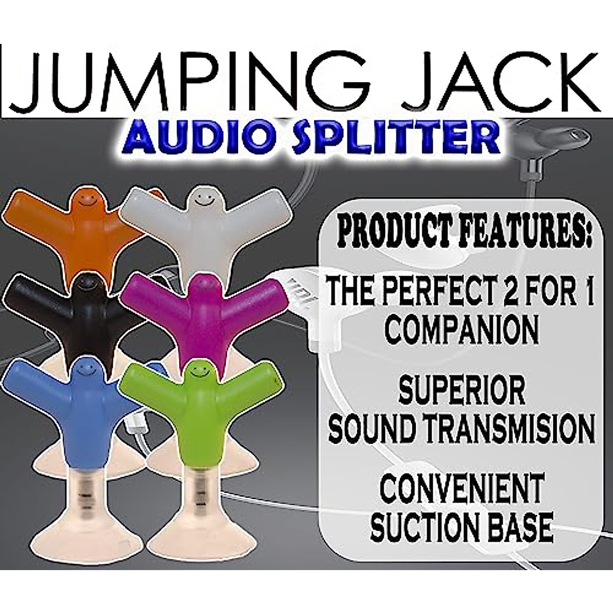 Jumping Jack Audio Splitter Ultimate Sound Experience, 3.5mm Audio Splitter for Headphones - Aux Splitter Connect 2 Headphones, Enhance Music Sharing, Color Vary - Pack of 2