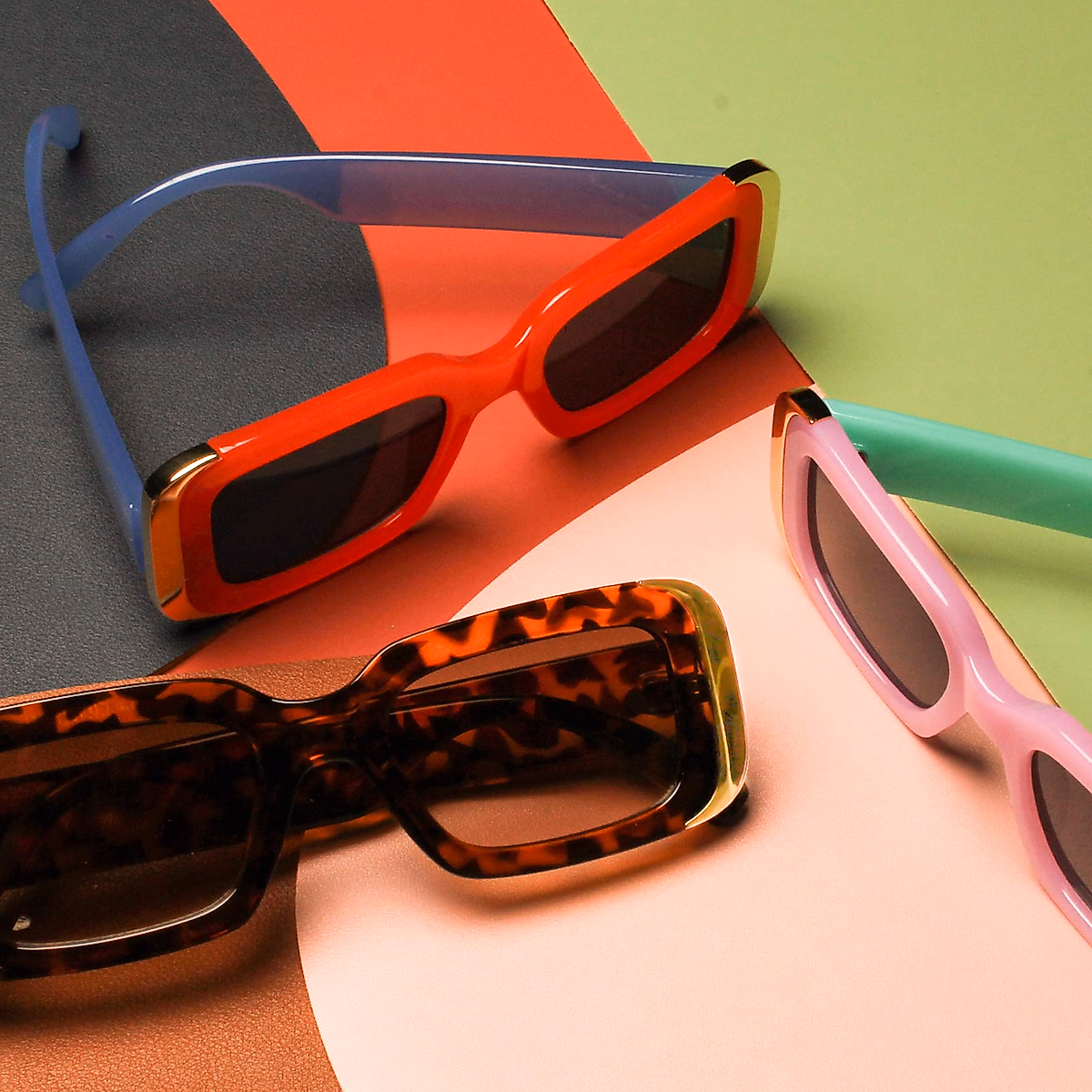 Freckles Mark Rectangle Retro Sunglasses for Men Women Vintage Square Glasses Disco Accessories (Red/Green)