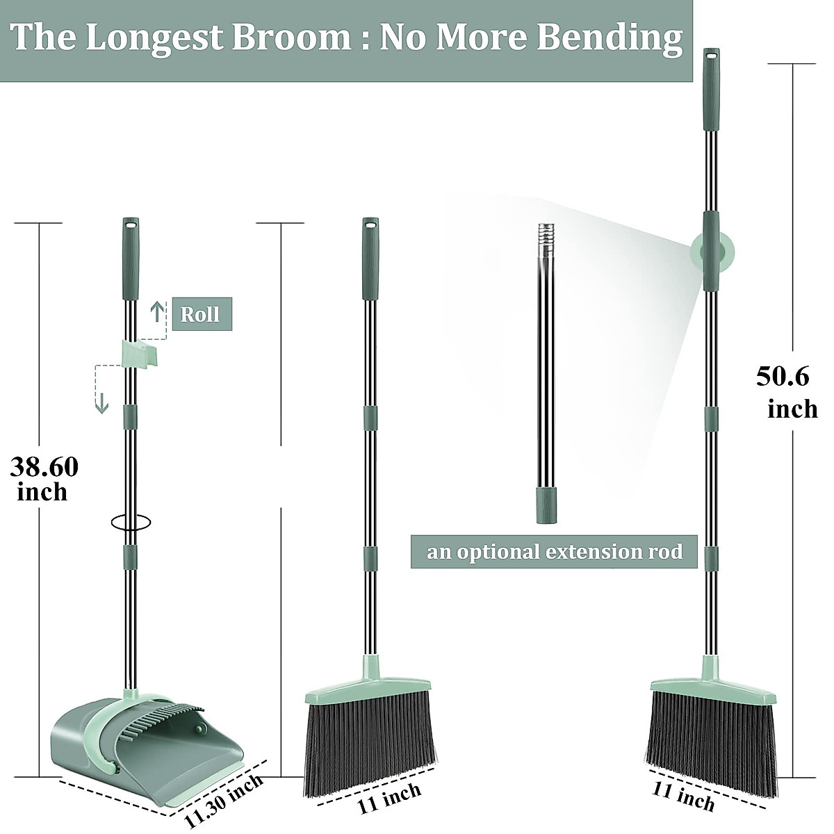 Broom and Dustpan Set, Broom Dust pan, Dustpan with Long Handle, Broom with Dustpan, Broom and Dustpan Set for Home, Dustpan Comb, Broom with Dustpan Combo Set(Jade Green)