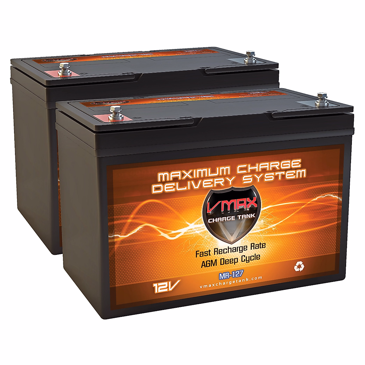 Qty 2 VMAX MR127-100, Two Group 27 12 Volt 100Ah AGM Deep Cycle Marine batteries compatible with 24 Volt trolling motors, 24V 100Ah AGM Battery Kit