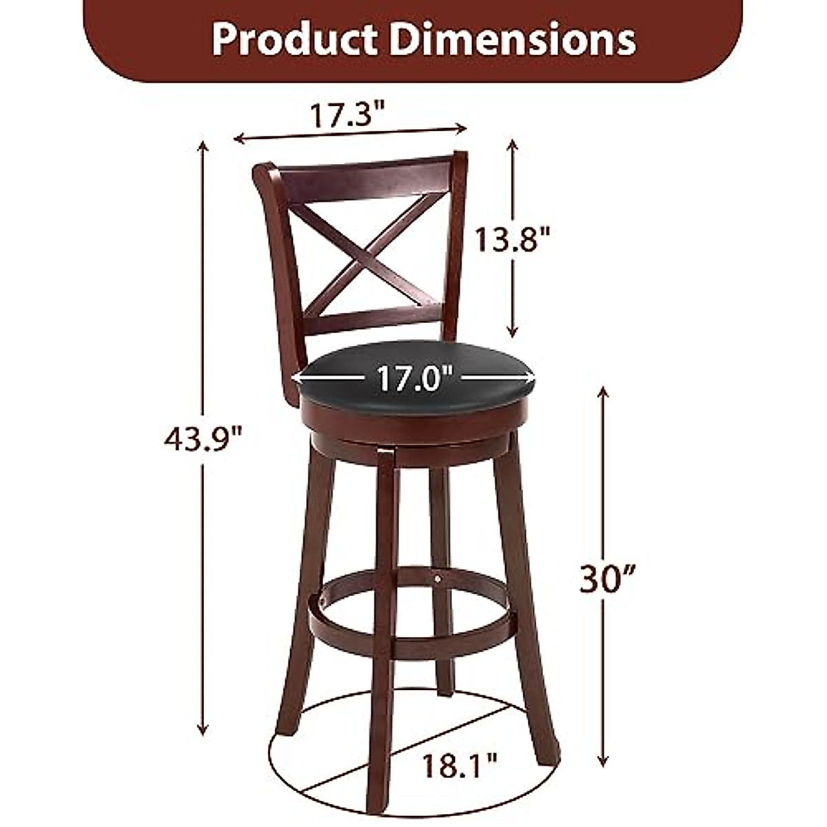 MKDLUFEI Set of 2 Counter Height Bar Stools, 43.9'' Heavy Duty Bar Stool with Armless Lower Back, Swivel Bar Stool with 360 Degree Rotation, Bar Stool with PU Leather for Dining Room and Living Room