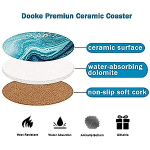 Dooke Coasters for Drinks, Round Absorbent Ceramic Stone Coasters Set of 6 with Cork Base, Funny Drink Coasters with Holder for Cold Drinks Wine Mugs and Cups Tabletop Protection, 4 Inches,Teal Marble
