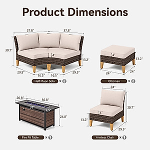 GREEN PARTY 7 Pieces Wicker Patio Furniture Set with 56" Fire Pit Table, All-Weather Outdoor Rattan Patio Half-Moon Curved Sectional Sofa Conversation Set for Garden, Backyard