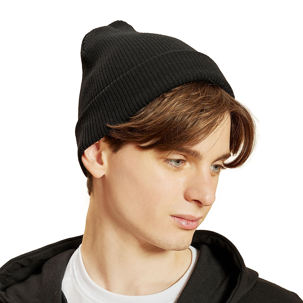 The Hat Depot - 100% Cotton Soft Cuffed Skull Plain Daily Beanie (Black)
