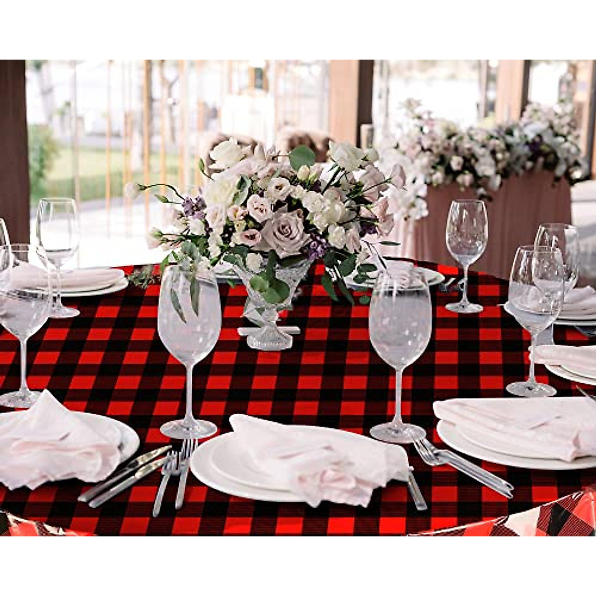 Remagr Christmas Disposable Checkered Tablecloth Round Plastic Buffalo Plaid Table Cloth 84 Inch Waterproof Gingham Cover for Picnic Camping Party Carnival BBQ (Red and Black, 6 Pieces)