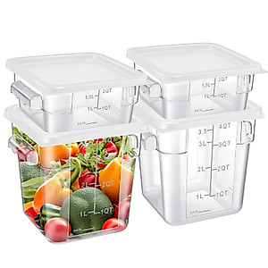 Barydat 4 Pcs Food Storage Container with Lids Set 2qt and 4qt Square Clear Commercial Containers with Scales Handles for Home Restaurant Kitchen Food Storage, Proof Dough, Marinating Meat (White)
