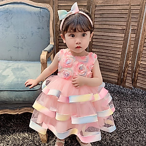 Formal Prom Pageant Wedding Girls Dresses A-line Knee Length Tutu Ruffle Lace Dress Princess Party Infant Baby Birthday Dress 12M 18M Pink 90