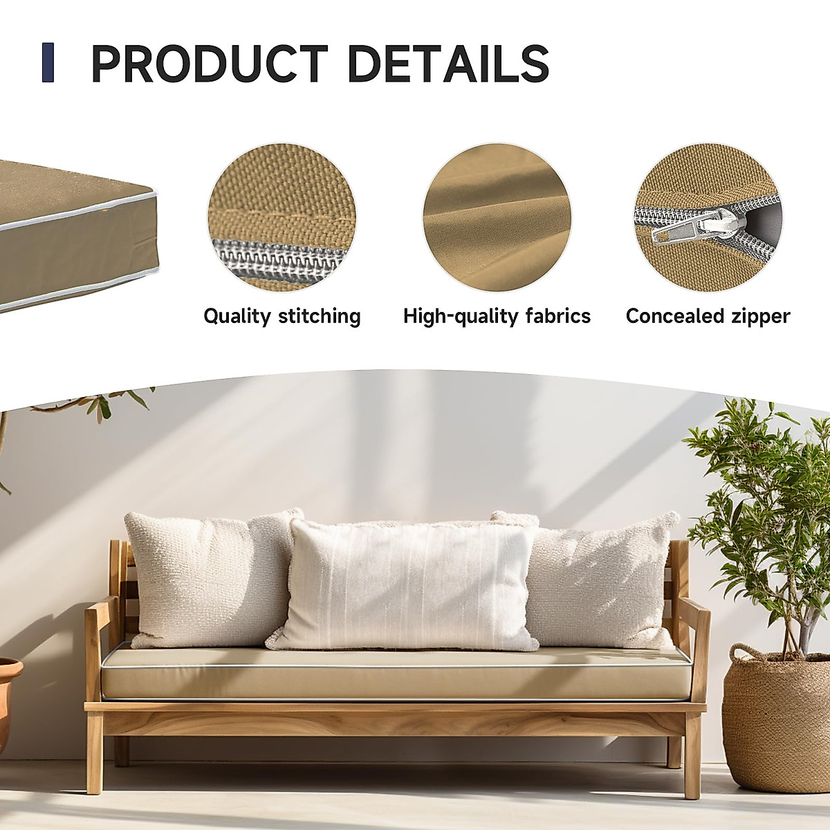 PNP FKJP Outdoor Bench Cushion 48" x 18" x 3", Waterproof Patio Furniture Cushions,Outdoor Porch Swing Cushion,Khaki (Cushion + Cover)