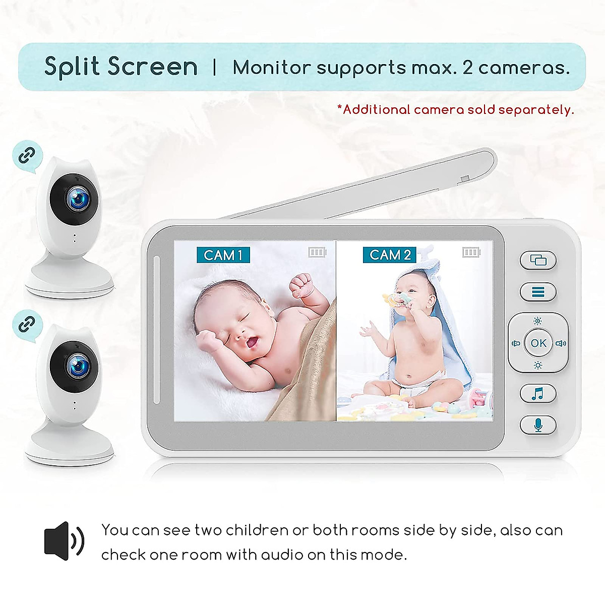Topiacam Baby Monitor with Camera and Audio, Video Baby Monitor 4.3 inch LCD Split Screen, Two-Way Talk, Night Vision, 8 Lullabies, Temperature Monitor and Long Last Battery, White (BM40)