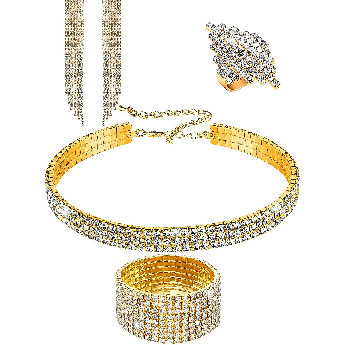 Hicarer 3 Pieces Women Rhinestone Jewelry Set Rhinestone Choker Stretch Bracelet Bangle Crystal Rhinestone Necklace Ring Dangle Fringe Earrings for Wedding Bridal Birthday Party Accessories