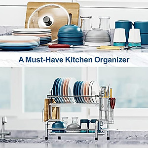 GSlife Stainless Steel Dish Drying Rack Rustproof 2 Tier Dish Rack for Kitchen Counter with 3 Drainboards, Tiered Dish Drainer with Utensils Holder,Cutting Board Holder, Silver