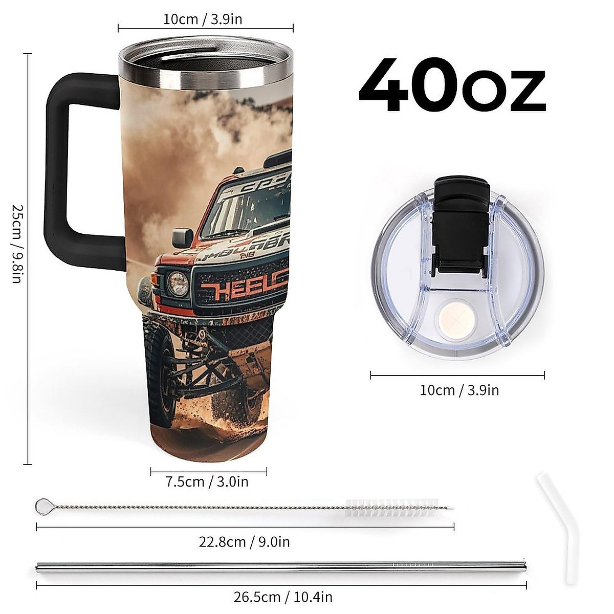 FHESDCW Off-road Racing Tumbler with Handle And Straw 40 Oz Leak Proof Large Capacity Car Cup Cupholder Friendly Stainless Steel Travel Coffee Mug Keep Cold Or Hot Black-style
