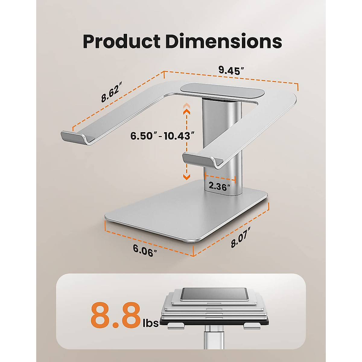 ErGear Adjustable Laptop Stand for Desk, Aluminum Ergonomic Laptop Stand Adjustable Height, Laptop Riser Computer Stand Holder Compatible with Air, Pro, Dell, Lenovo More 10"-15.6" Laptops, Silver