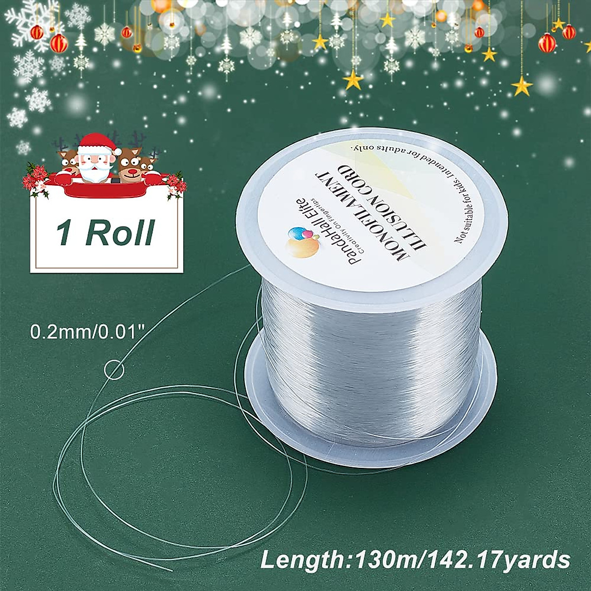PH PandaHall 142 Yards 0.2mm Clear String Fishing Line Invisible Beading Cords Nylon Thread String Inelastic Jewelry Wire for Christmas Bracelet Jewelry Making Ornaments Hanging Party Decor Seed Beads