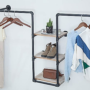 CIVANA Black Garment Rack,Industrial Pipe Clothing Rack Rustic Garment Hanging Bar, Retail Display Shelf with 3 Tiers Wood, Boutique Multi-Purpose Storage Rack (Black, 110'' L)