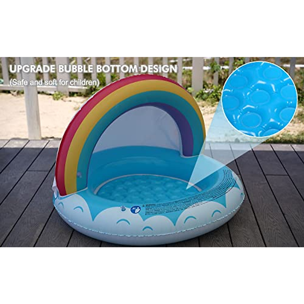Rainbow Blow up Kiddie Pool Inflatable Mini Swimming Pool Water Baby Shade Beach Tent Pool 37" X 26" Portable Wading Pool with Canopy for Outdoor Backyard for Kids Toddler