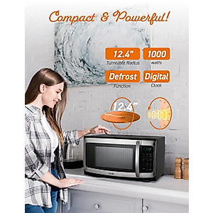 COMMERCIAL CHEF 1.1 Cu Ft Microwave with 10 Power Levels, Microwave 1000W with Push Button Door Lock, Countertop Microwave with Microwave Turntable and Digital Controls, Stainless Steel
