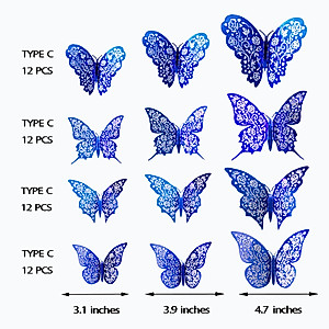 3D Royal Blue Cobalt Butterfly Wall Stickers Removable Mural Butterflies Cutout Decal Art Decor Heart Rose theme Party Decor for Living Room Bedroom Sun Room Shop Window Showcase Classroom