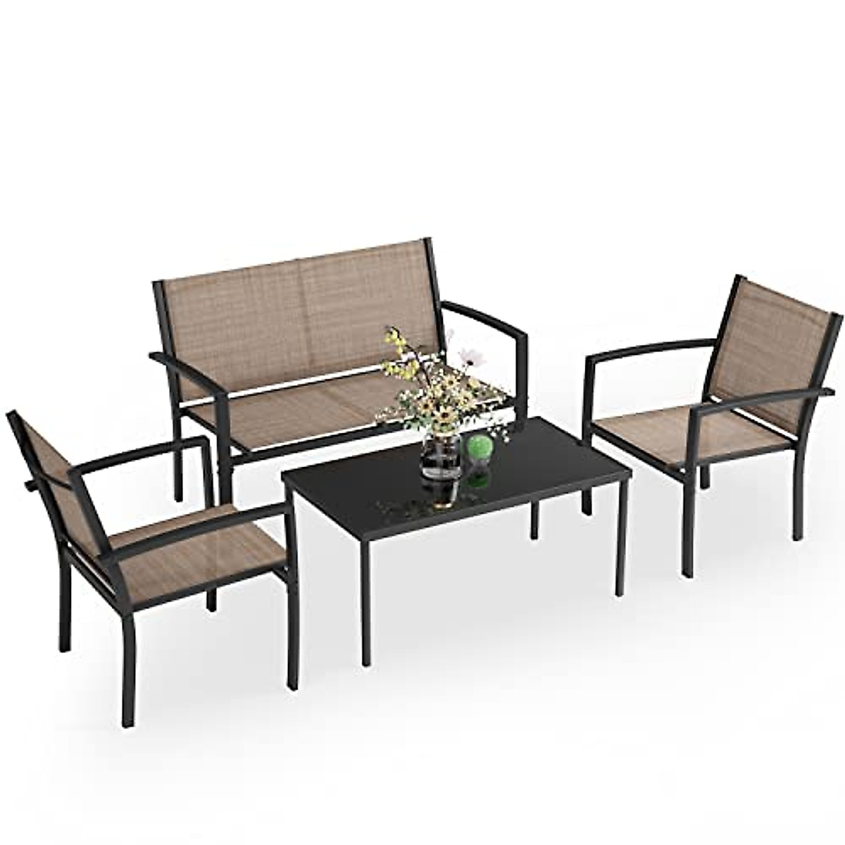 Greesum GS-LCT4PCSBN 4 Pieces Patio Furniture Set Outdoor Conversation Textilene Fabric Chairs for Lawn, Garden, Balcony, Poolside with A Glass Coffee Table, Brown