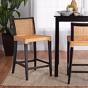 Baxton Studio Lingga Dark Brown Mahogany Wood and Natural Rattan Counter Stool