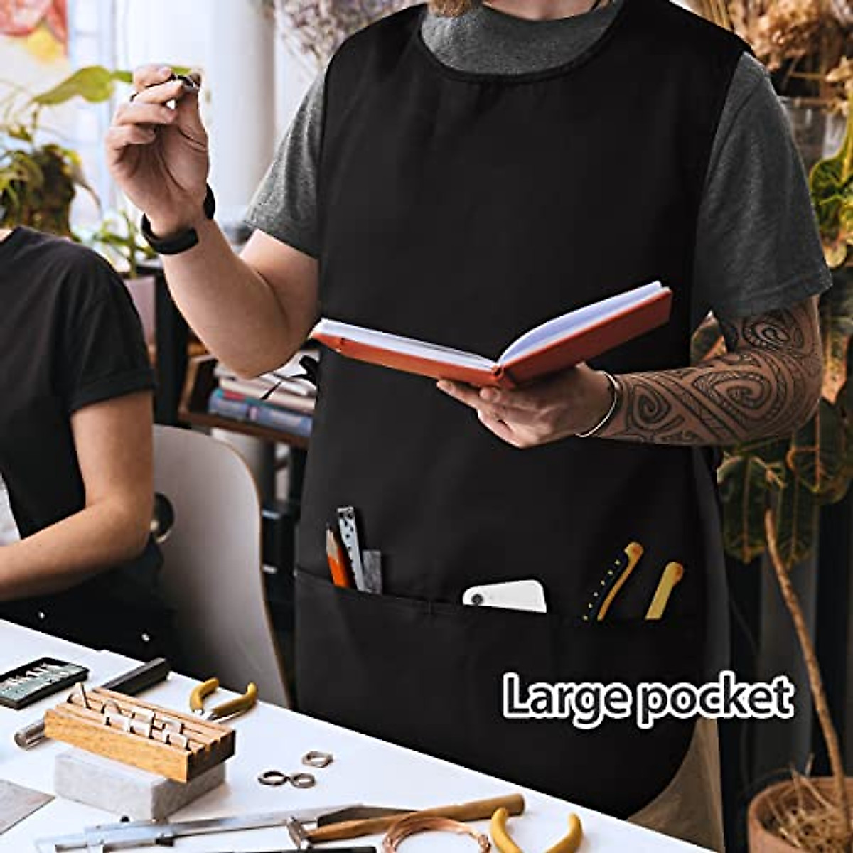 ROTANET Black Smock Cobbler Apron Art Apron Paint Cooking Cleaning Work 2 Pockets Dirt Resistant Men Women Teen