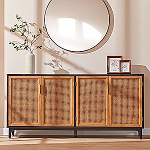 AMERLIFE Sideboard Buffet Cabinet with Woven Natural Rattan Doors and Adjustable Shelf, Vantage Kitchen Storage Liquor Cabinet, Console Table for Living Room, Dining Room, Hallway, Black