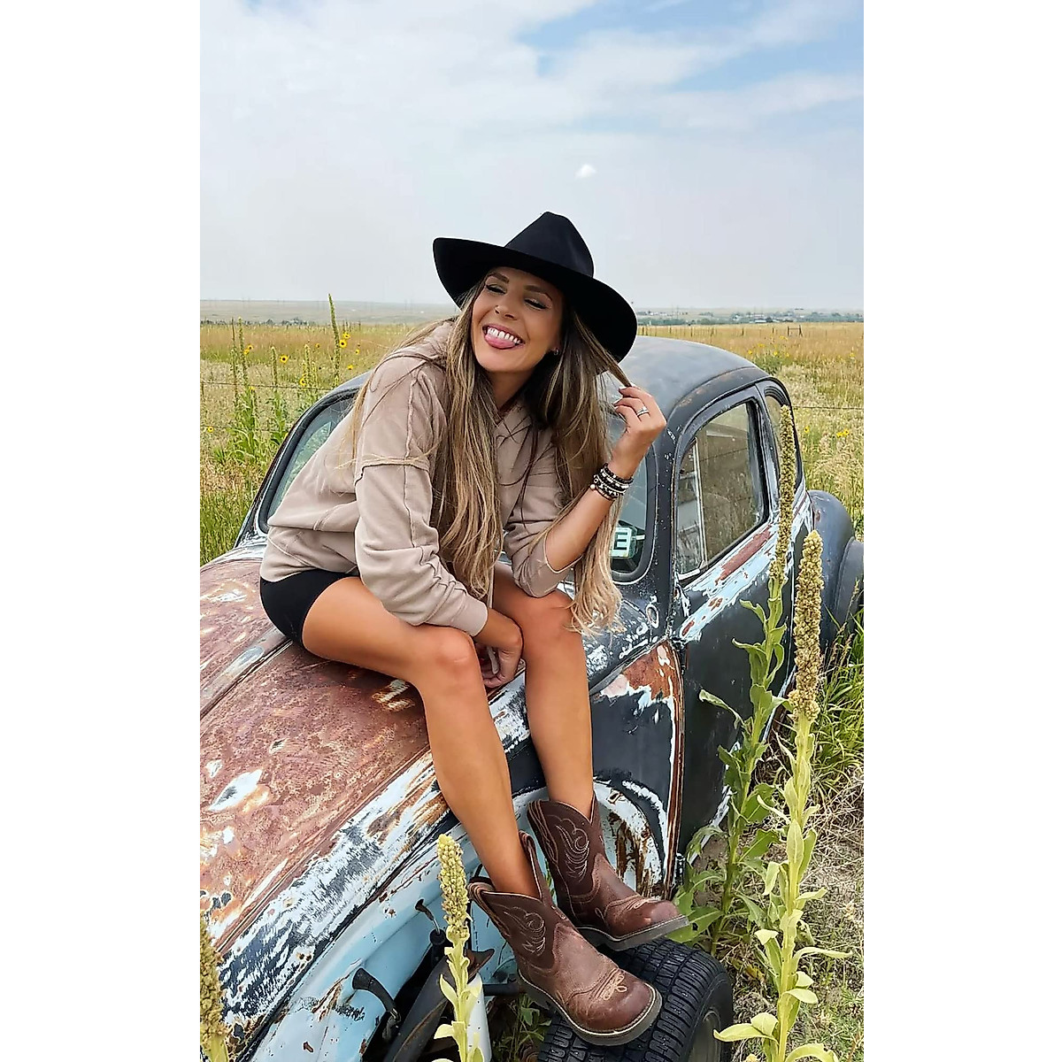 Eohak Womens Western Cowboy Hats Studded Pinched Western Cowgirl Hats Wide Brim Fedoras Hat with Belt Buckle （Size: M-L） (US, Alpha, Medium, Black)