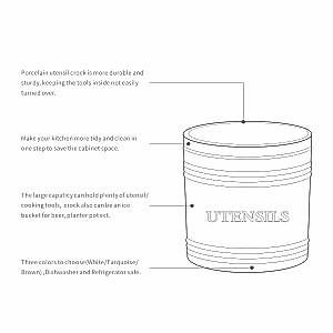 Kitchen Utensil Holder for Countertop 5.9 inch Porcelain Utensil Crock for Kitchen Deep and Large, Turquoise